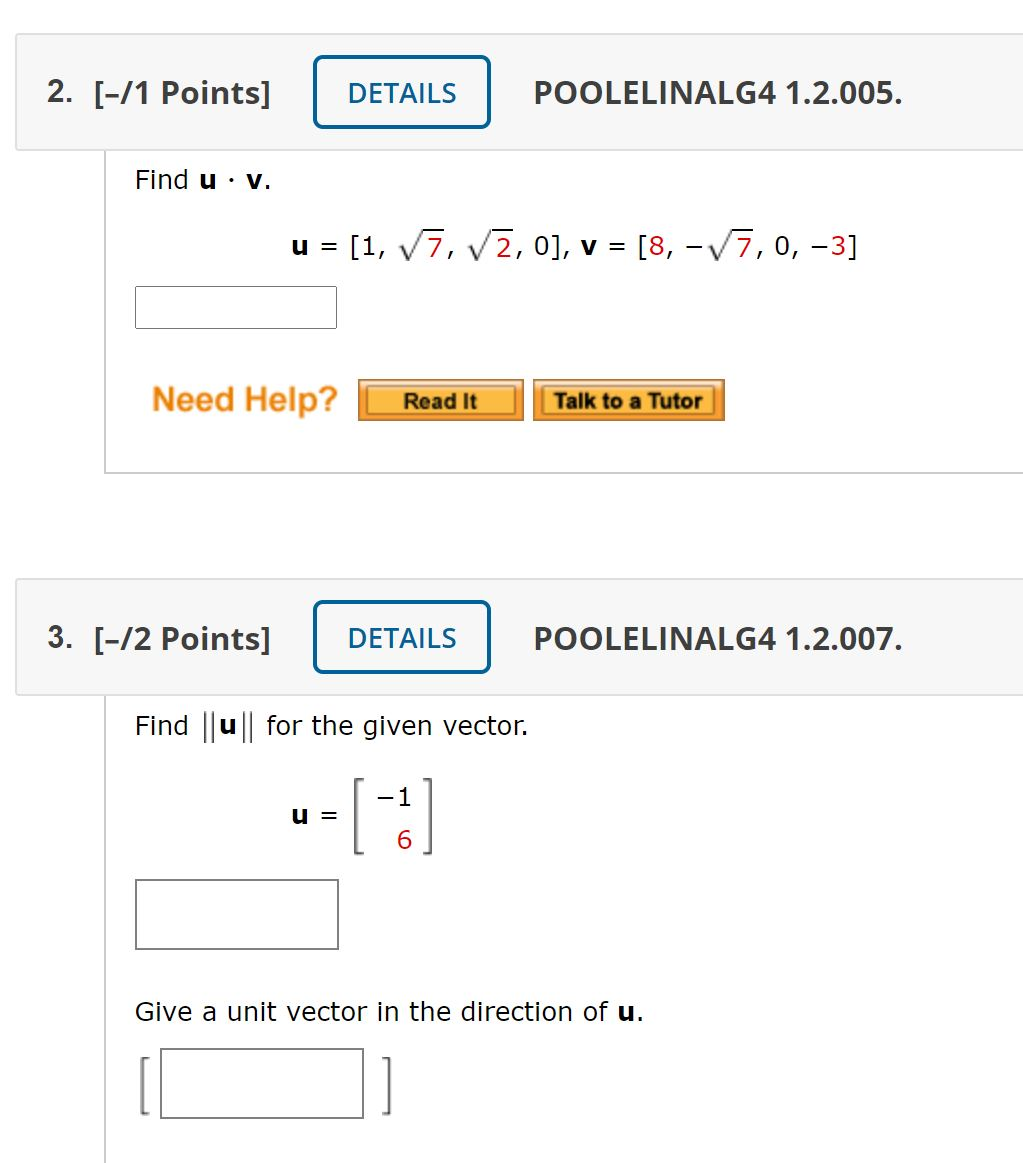 Solved 2. [-/1 Points] DETAILS POOLELINALG4 1.2.005. Find u | Chegg.com