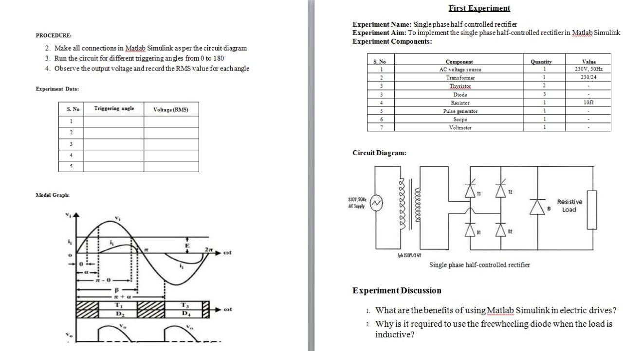 First Experiment Experiment Name: Single phase | Chegg.com
