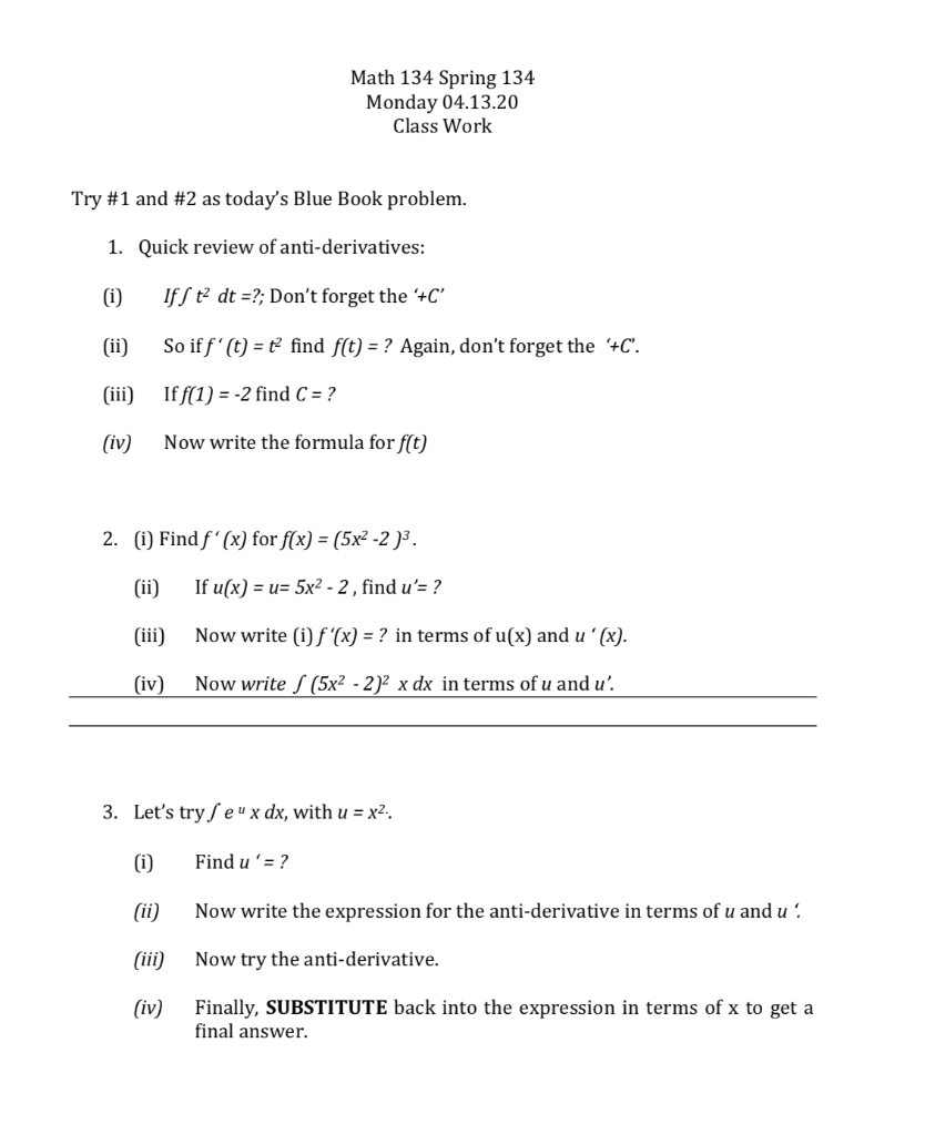 Solved Math 134 Spring 134 Monday 04.13.20 Class Work Try #1 | Chegg.com