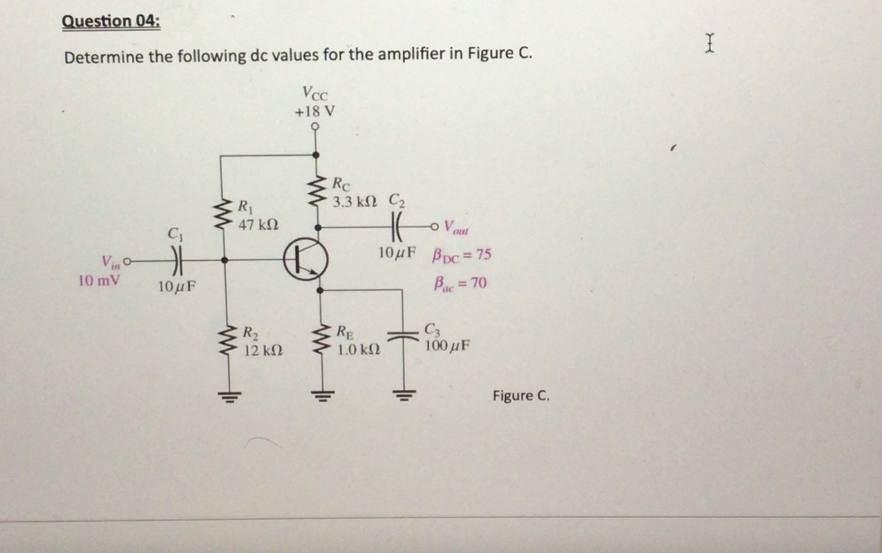 Solved Determine the following dc values for the amplifier | Chegg.com