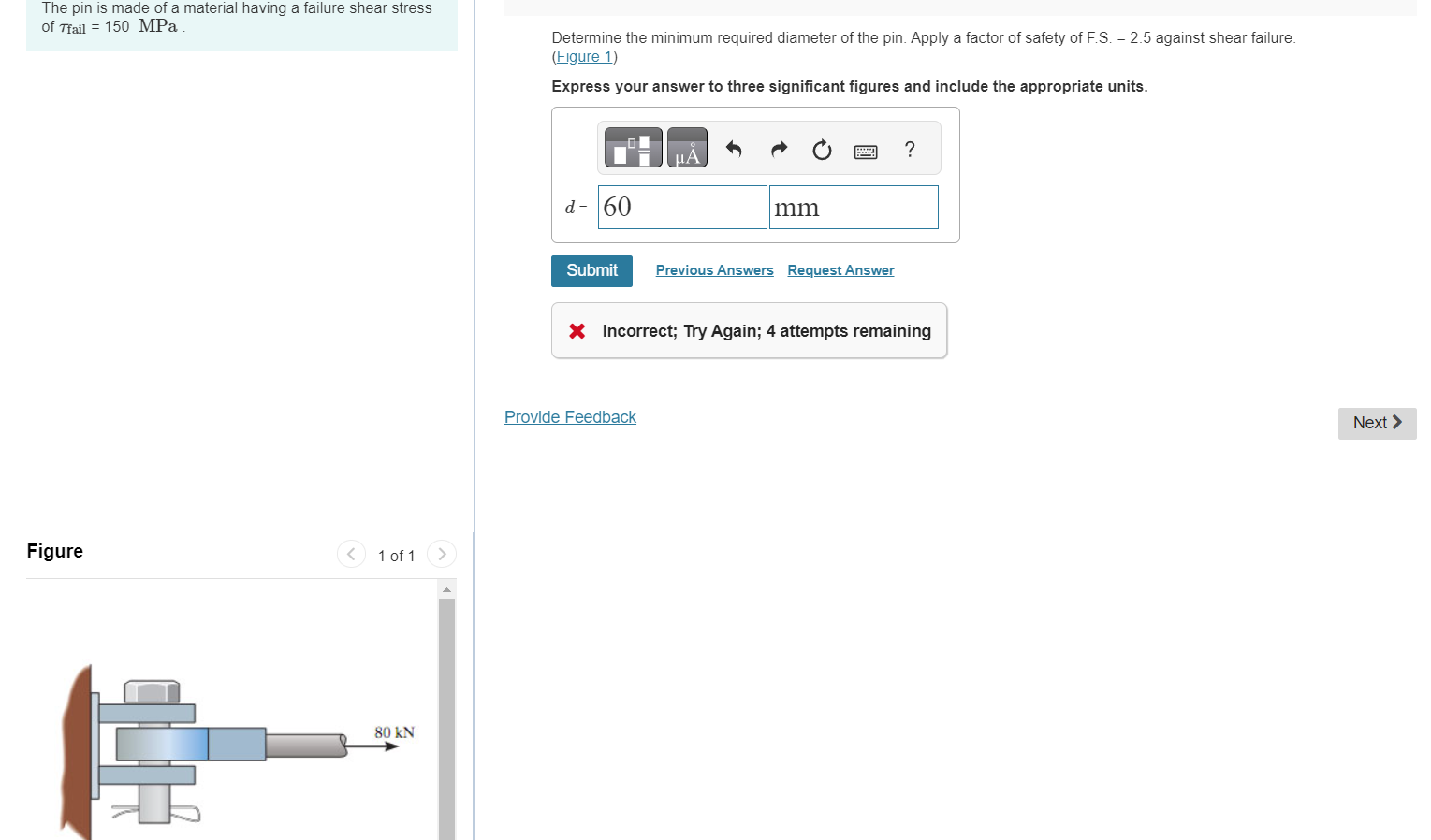 Solved The pin is made of a material having a failure shear | Chegg.com