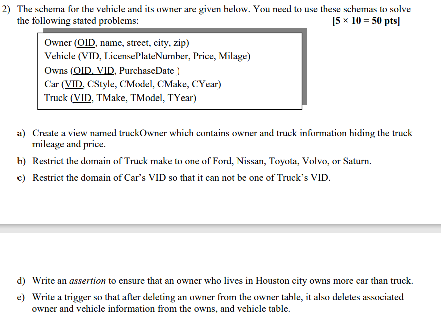 Solved The schema for the vehicle and its owner are given | Chegg.com