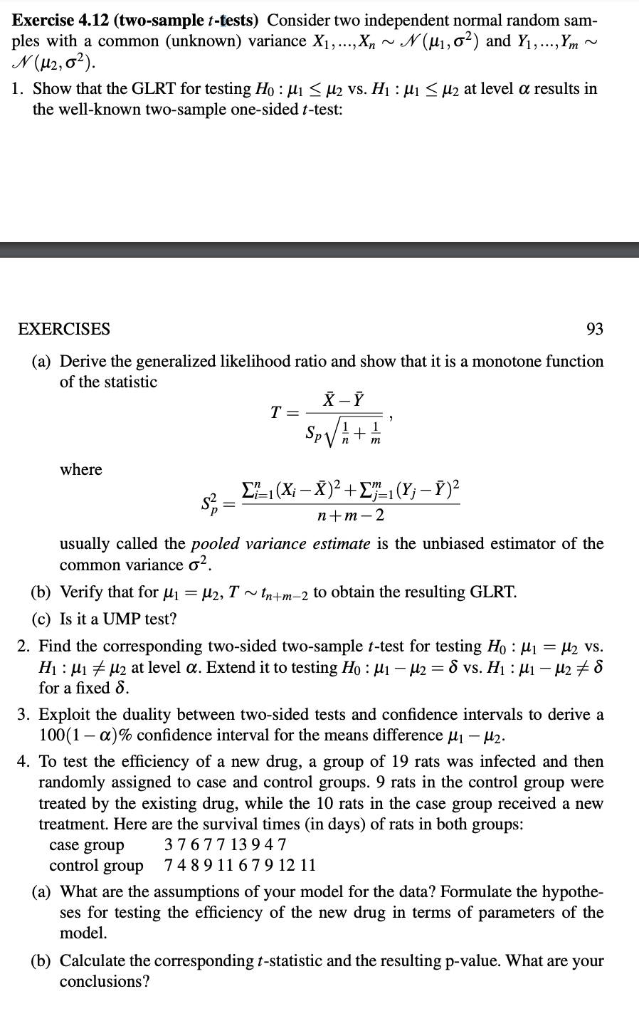 Solved Exercise 4.12 (two-sample t-tests) Consider two | Chegg.com