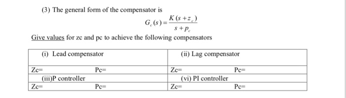 Solved (3) The general form of the compensator is K (s +z G | Chegg.com