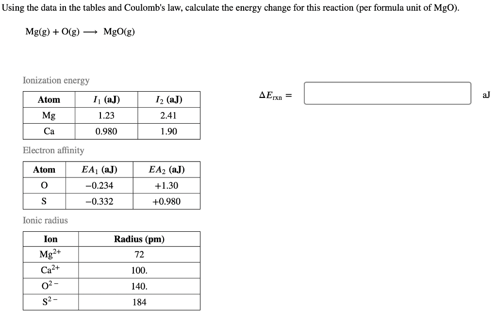 Solved Mg(g)+O(g) MgO(g) Ionization energy Electron affinity | Chegg.com