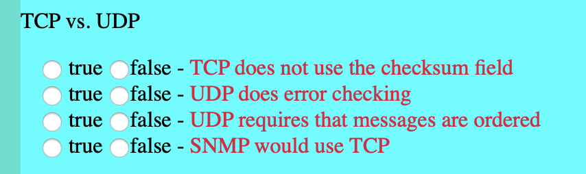 Solved TCP vs. UDP true false - TCP does not use the | Chegg.com