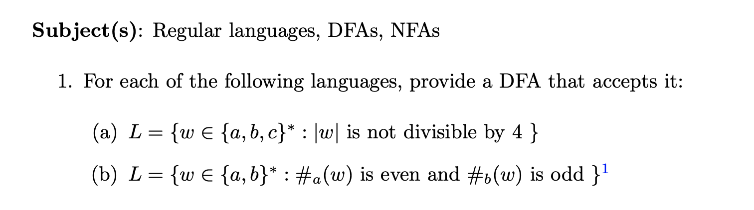 Solved Subject(s): Regular languages, DFAs, NFAs 1. For each | Chegg.com
