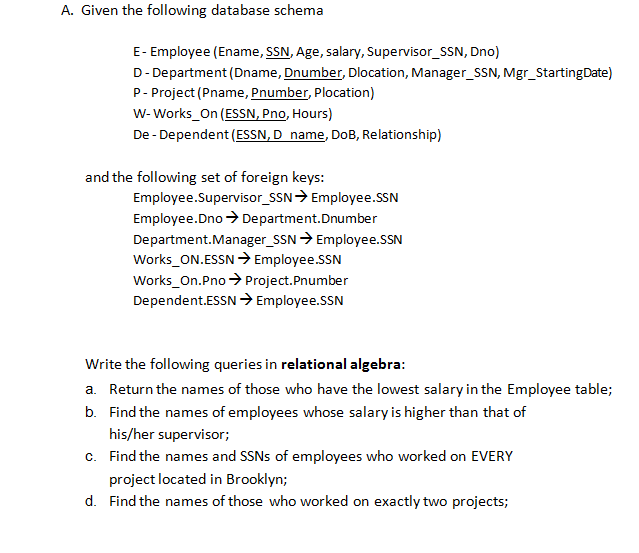 Solved A. Given the following database schema E- Employee | Chegg.com