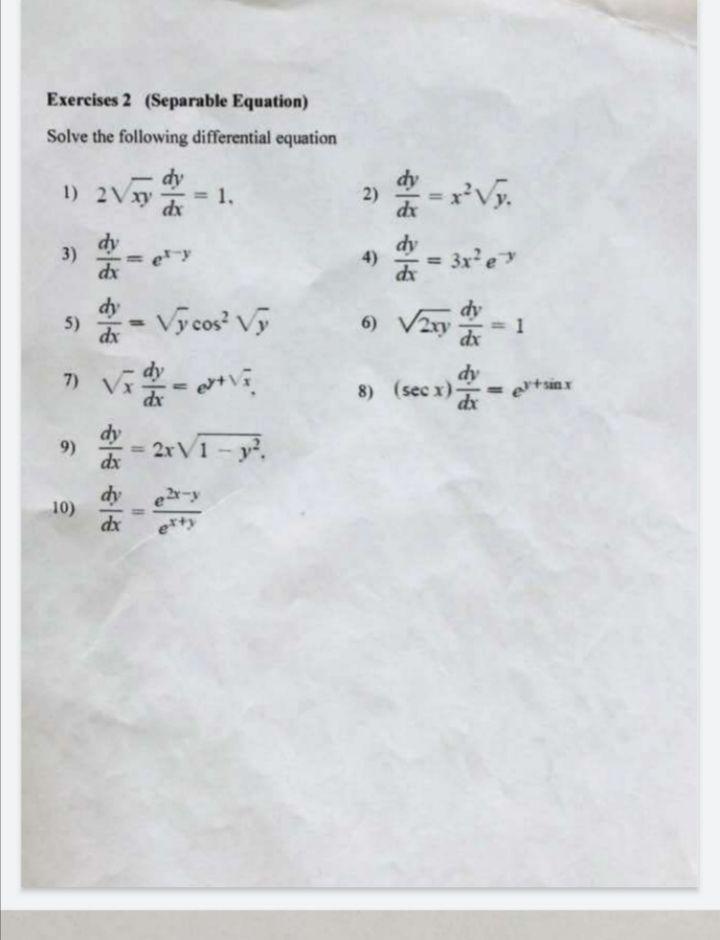 Solved Exercises 2 (Separable Equation) Solve the following | Chegg.com