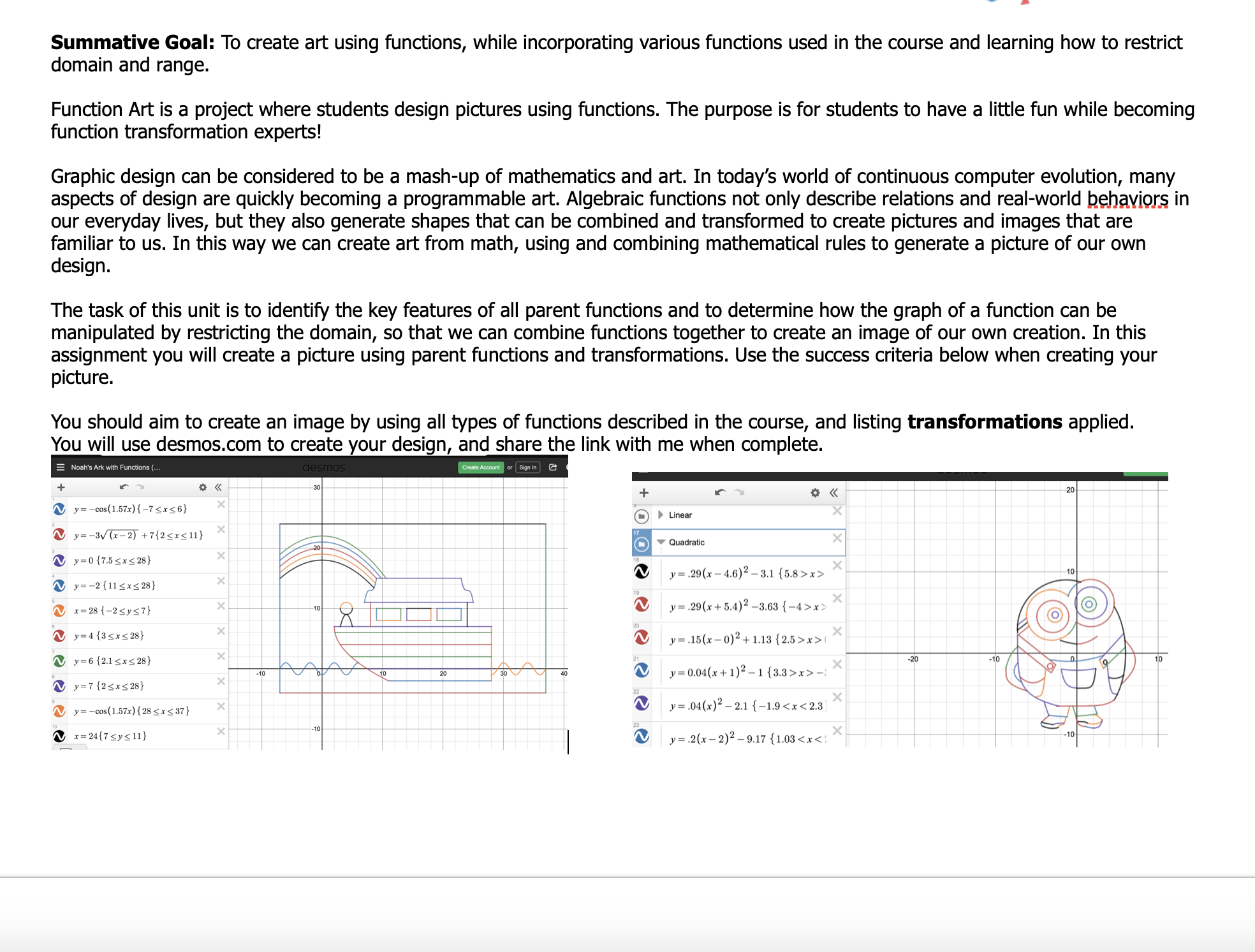 Summative Goal: To create art using functions, while | Chegg.com