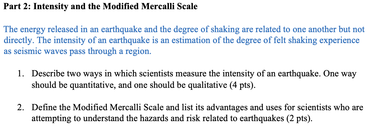 Solved Part 2: Intensity and the Modified Mercalli Scale The | Chegg.com