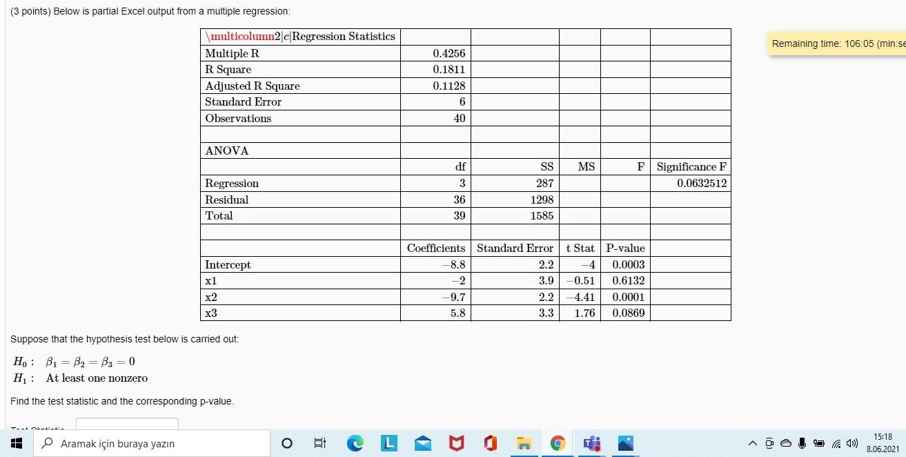 Solved (3 points) Below is partial Excel output from a | Chegg.com