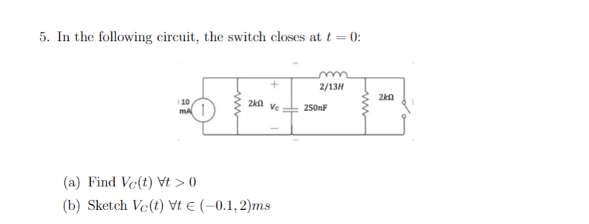 Solved In the following circuit, the switch closes at t=0 | Chegg.com