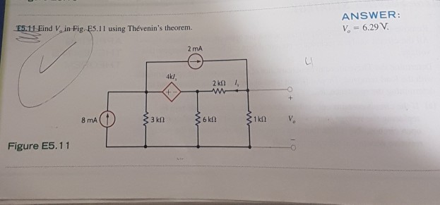 Solved ANSWER V 6.29 V E5.11Eind V, in Fig.-E5.11 using | Chegg.com