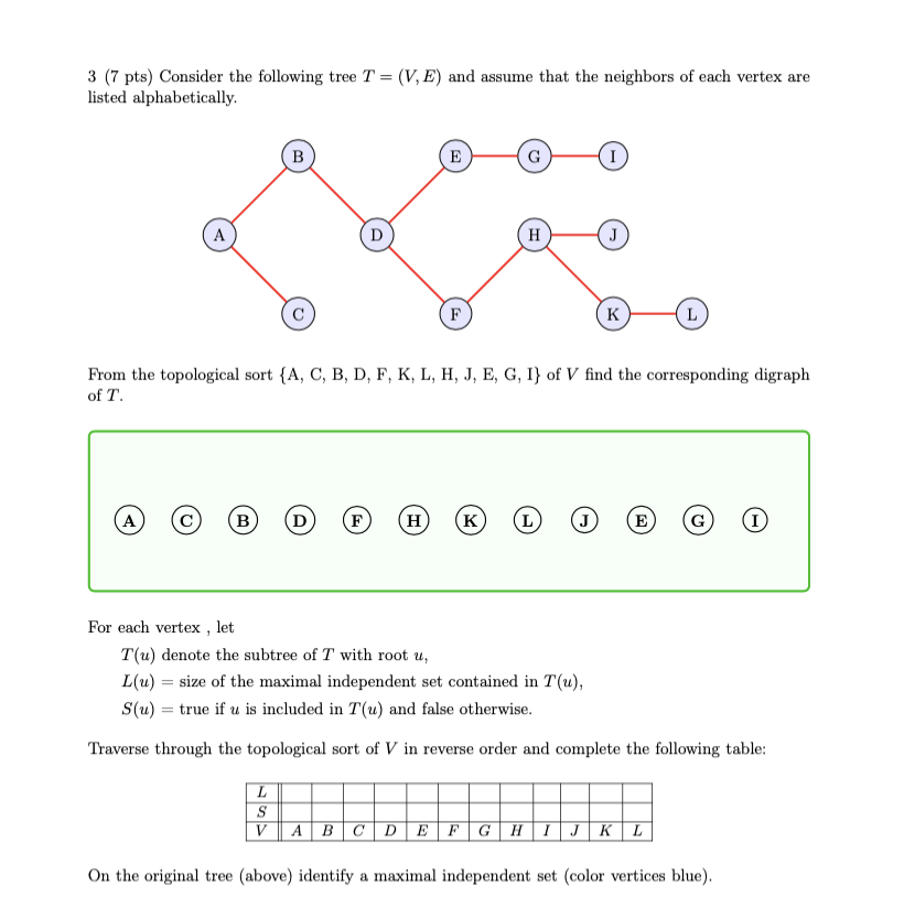 Solved 3 (7 pts) Consider the following tree T =(V, E) and | Chegg.com