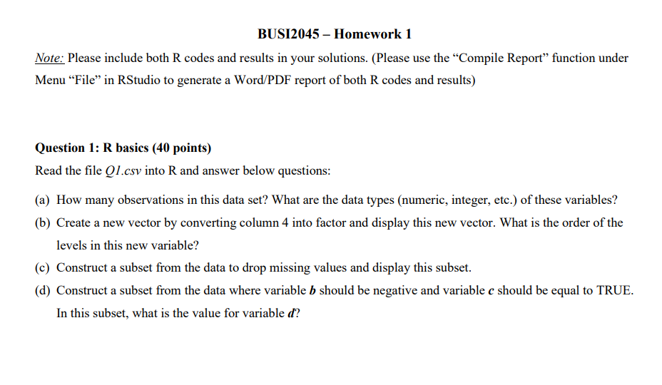 Solved BUSI2045 - Homework 1 Note: Please include both R | Chegg.com