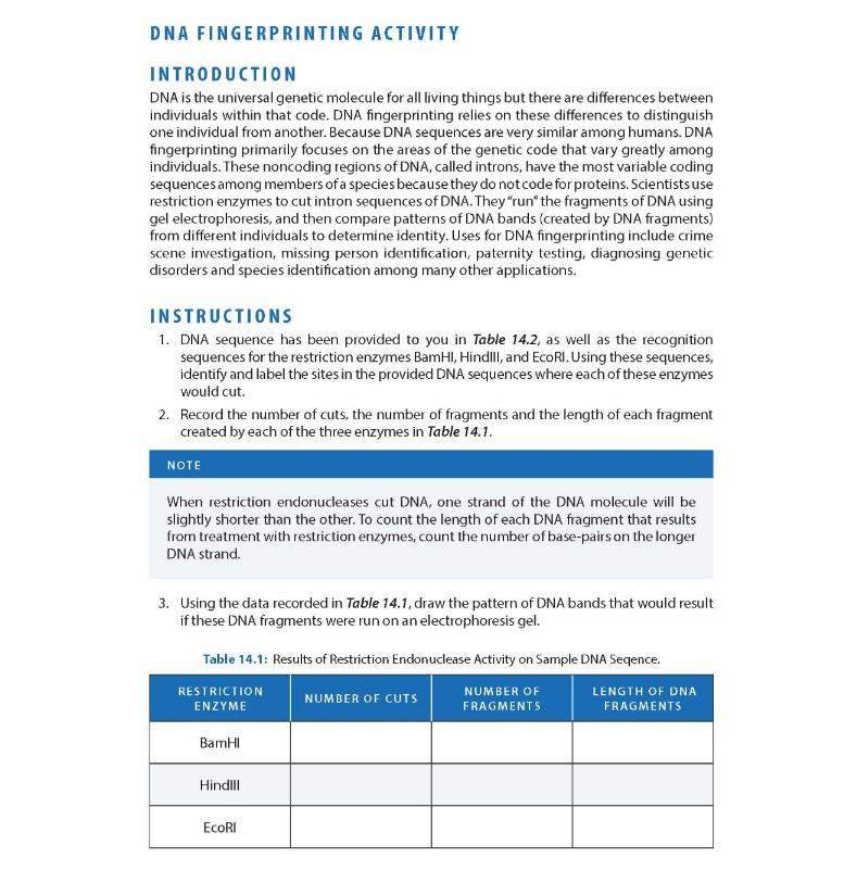 Solved DNA FINGERPRINTING ACTIVITY INTRODUCTION DNA is the | Chegg.com