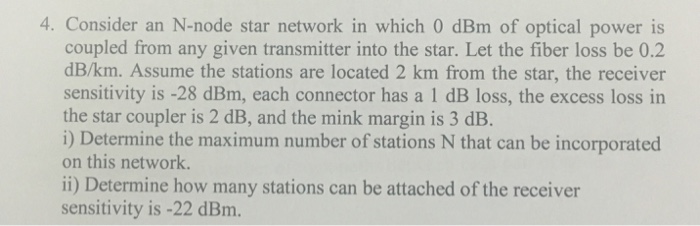 Solved 4. Consider an N-node star network in which 0 dBm of | Chegg.com