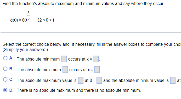Solved Find the function's absolute maximum and minimum | Chegg.com