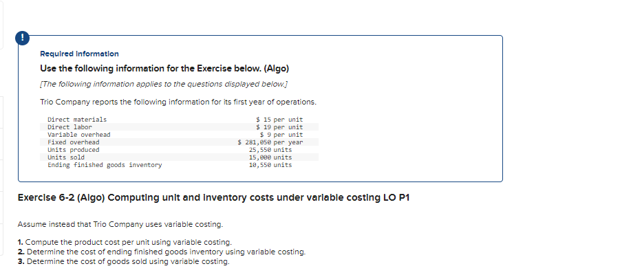 Solved Exercise 6-2 (Algo) Computing unit and inventory | Chegg.com