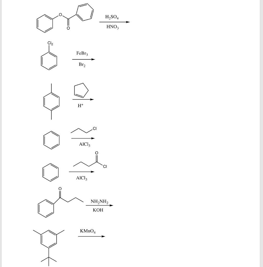 Solved H2SO4 HNO3 FeBrz Br2 H+ AICI: CI AICI: NHANH, KOH | Chegg.com