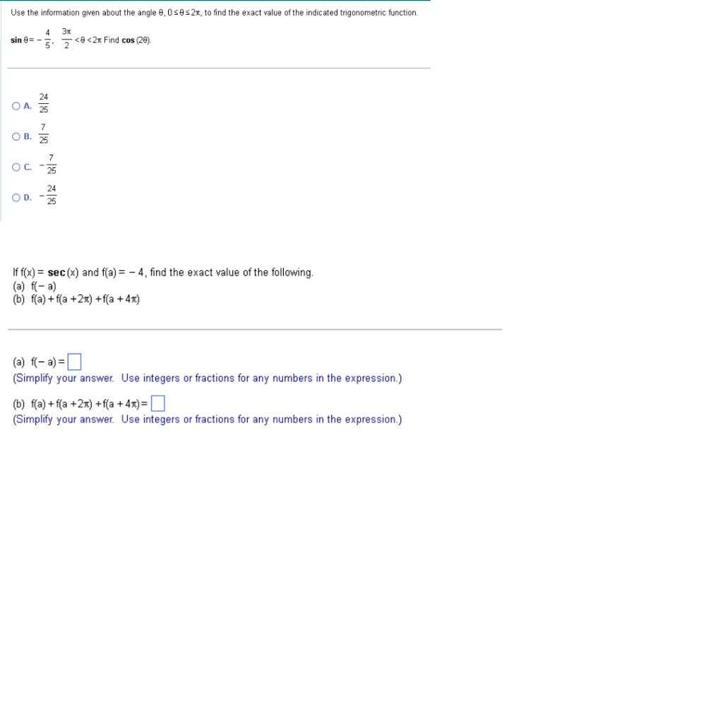 Solved Use the information given about the angle θ,0≤θ≤2π, | Chegg.com