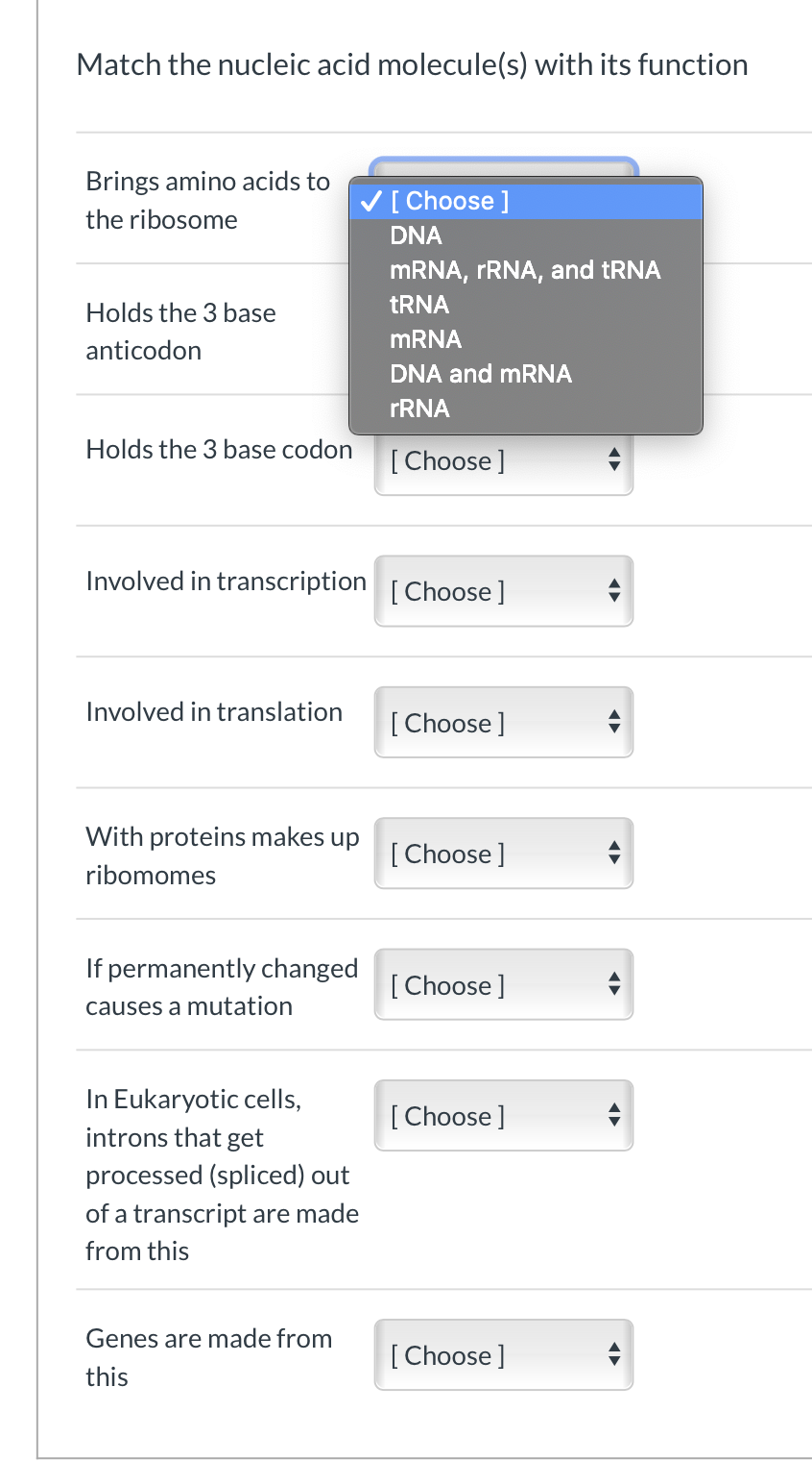 Solved Match the nucleic acid molecule(s) with its function | Chegg.com