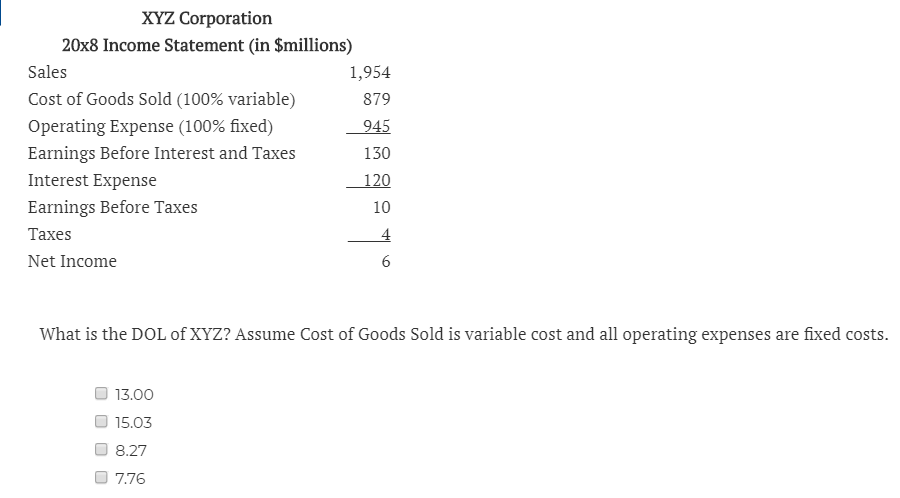 Solved XYZ Corporation 20x8 Income Statement in $millions) | Chegg.com