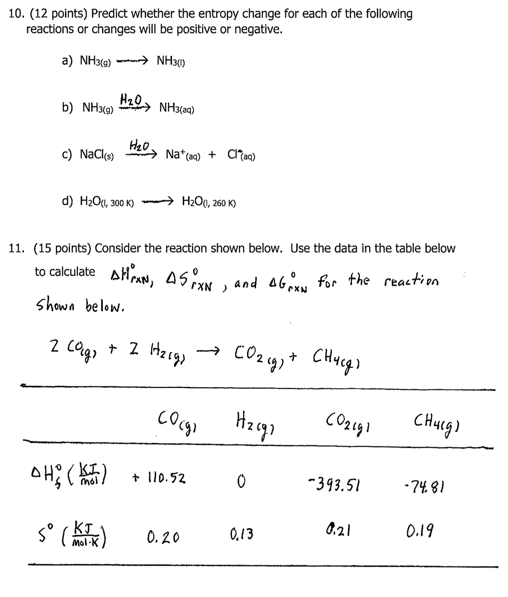 Solved 10. (12 points) Predict whether the entropy change | Chegg.com