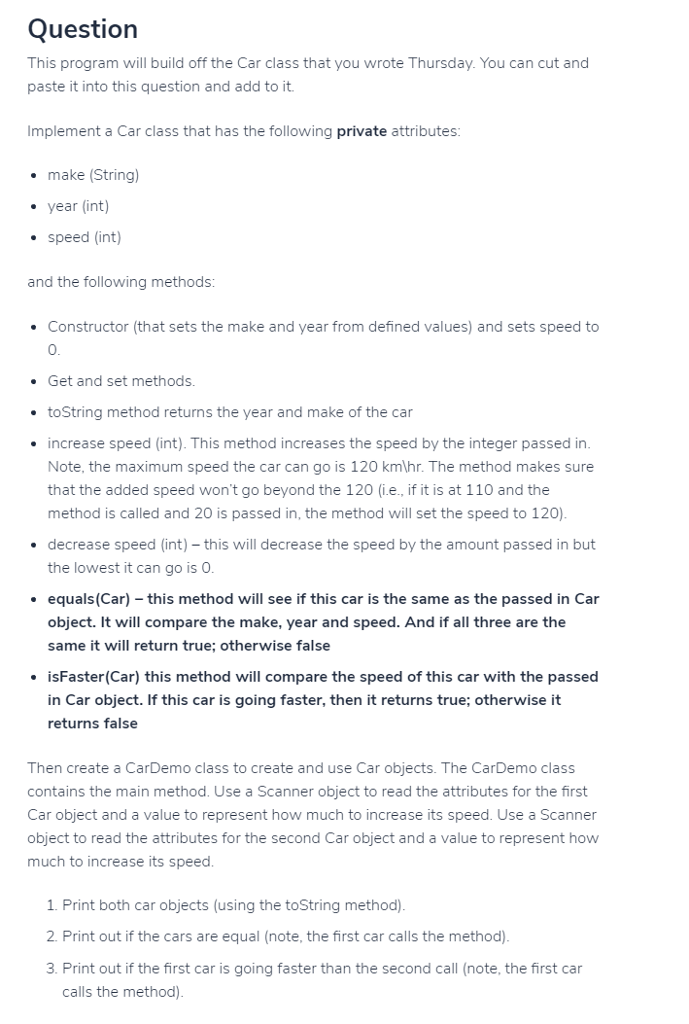Solved Question This program will build off the Car class | Chegg.com