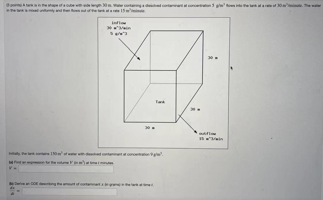 Solved (3 points) A tank is in the shape of a cube with side | Chegg.com