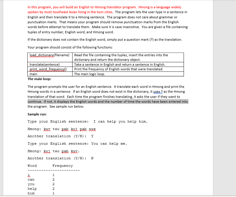 In this program, you will build an English to Hmong | Chegg.com