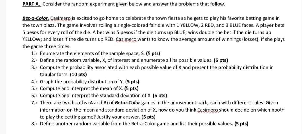 Solved PART A. Consider the random experiment given below | Chegg.com