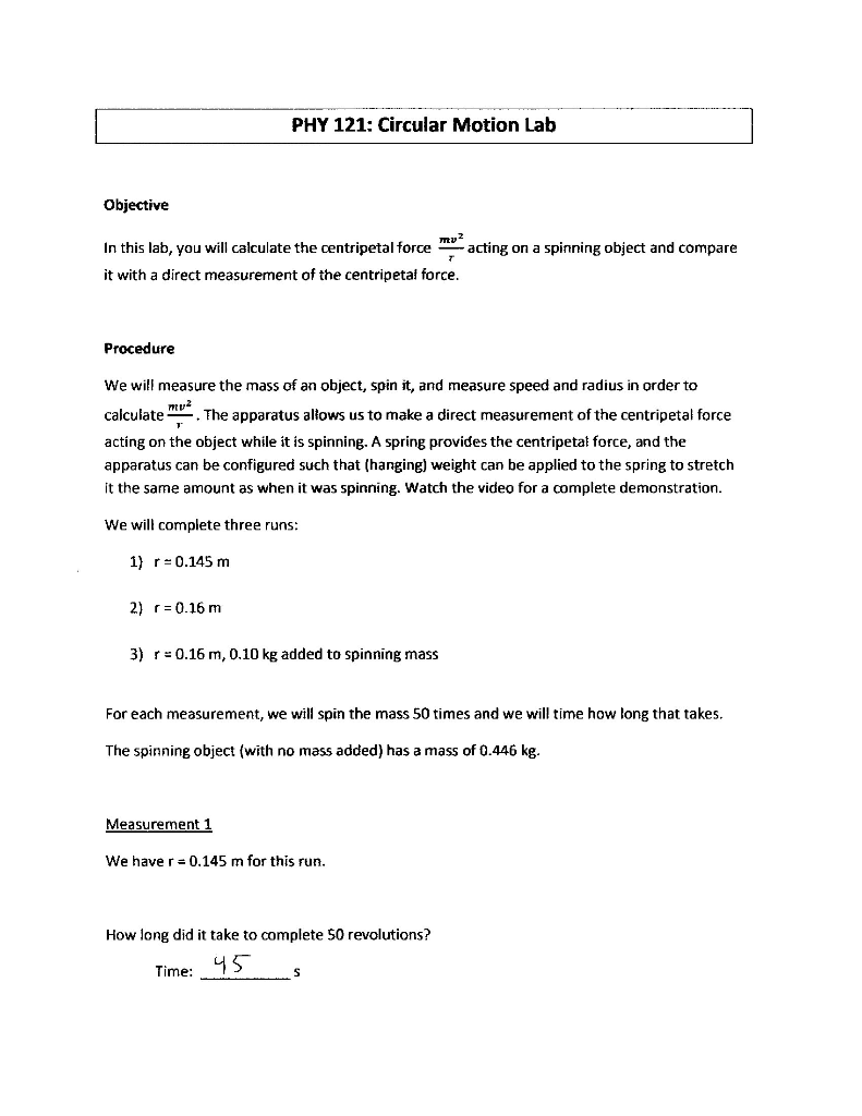 Solved PHY 121: Circular Motion Lab Objective M2 In this | Chegg.com