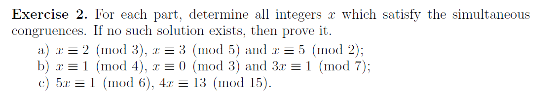 Solved Exercise 2. ﻿For each part, determine all integers x | Chegg.com