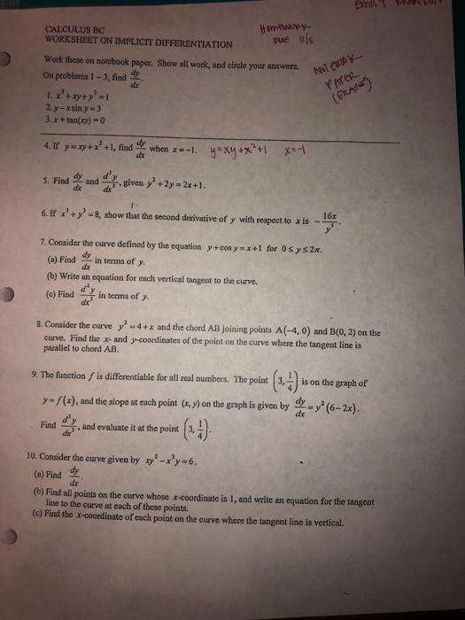 Solved CALCULUS BC WORKSHEET ON IMPLICIT DIFFERENTIATION pue | Chegg.com