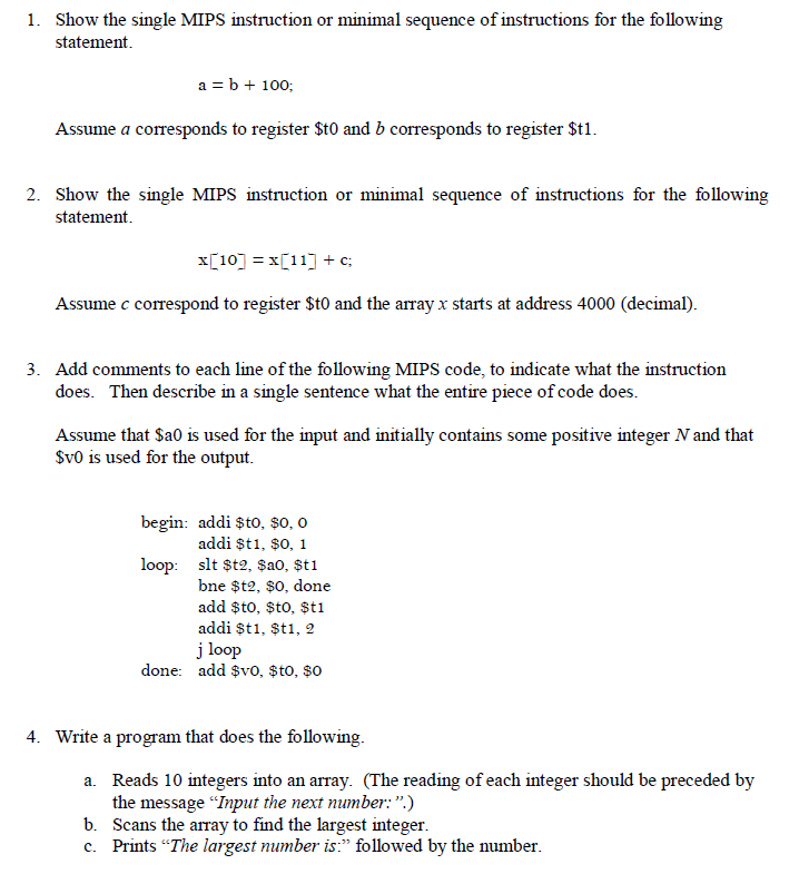 1. Show the single MIPS instruction or minimal | Chegg.com