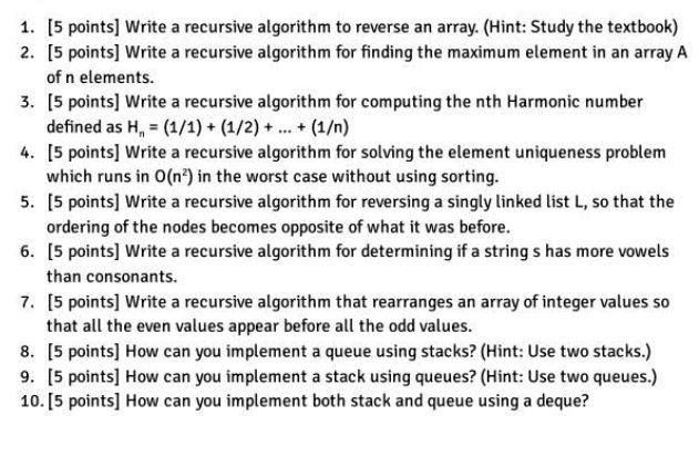 Solved 1 5 Points Write A Recursive Algorithm To Reverse 6351