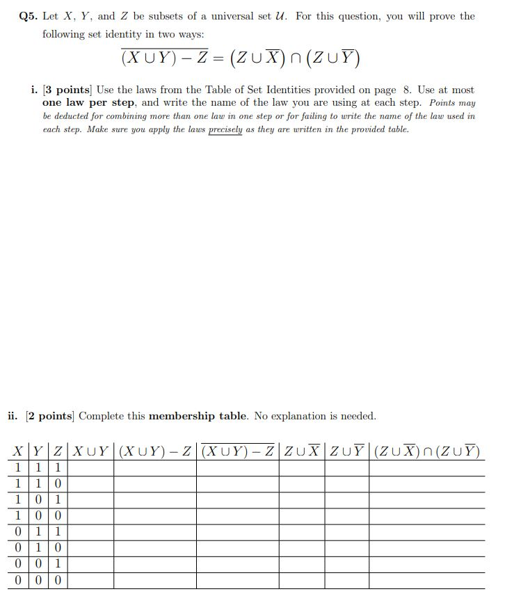 Solved Q5. Let X, Y, and Z be subsets of a universal set u. | Chegg.com