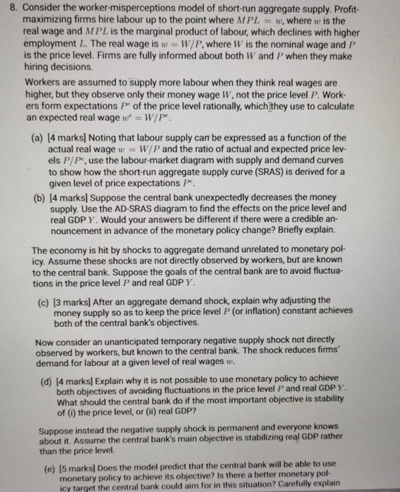 Consider the worker-misperceptions model of short-run | Chegg.com