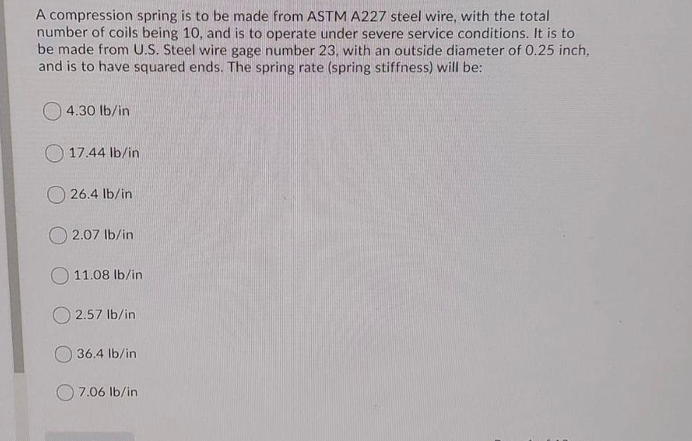 Solved A compression spring is to be made from ASTM A227 | Chegg.com