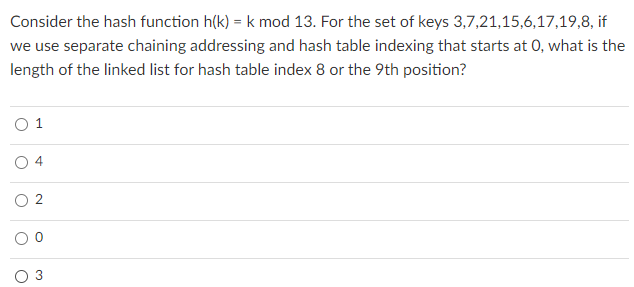 Solved Consider the hash function h(k)=k mod 13 . For the | Chegg.com