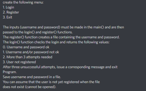Solved create the following menu: 1. Login 2. Register 3. | Chegg.com