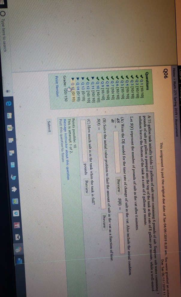 Solved Course Home > Math 271 Spring 2019> Assessment Q06 | Chegg.com