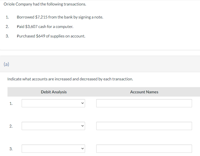 Solved Oriole Company had the following transactions. 1. | Chegg.com