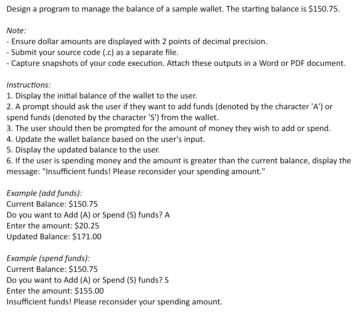 Design a program to manage the balance of a sample | Chegg.com