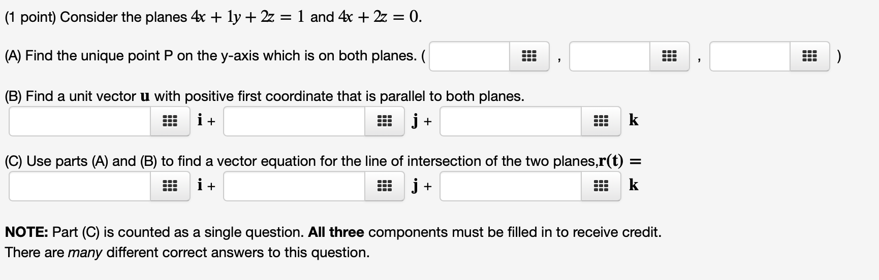 Solved (1 point) Consider the planes 4x+1y+2z=1 and 4x+2z=0 | Chegg.com