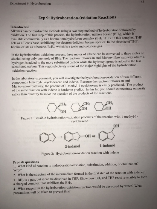 Solved Experiment 9: Hydroboration 63 Exp 9: | Chegg.com