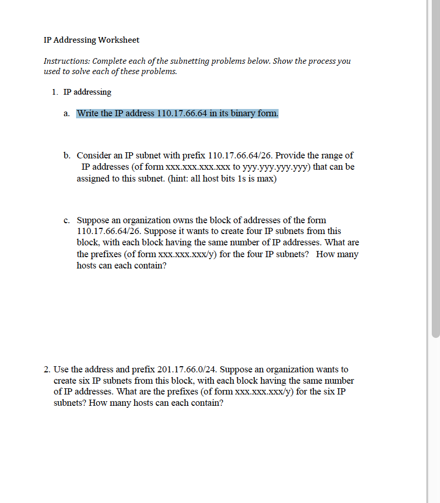 Solved IP Addressing Worksheet Instructions: Complete each | Chegg.com