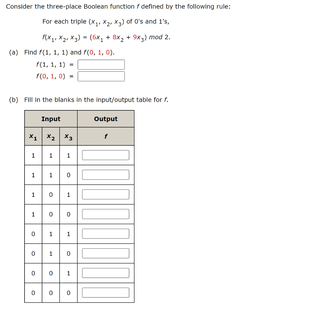 Solved Consider the three-place Boolean function f defined | Chegg.com